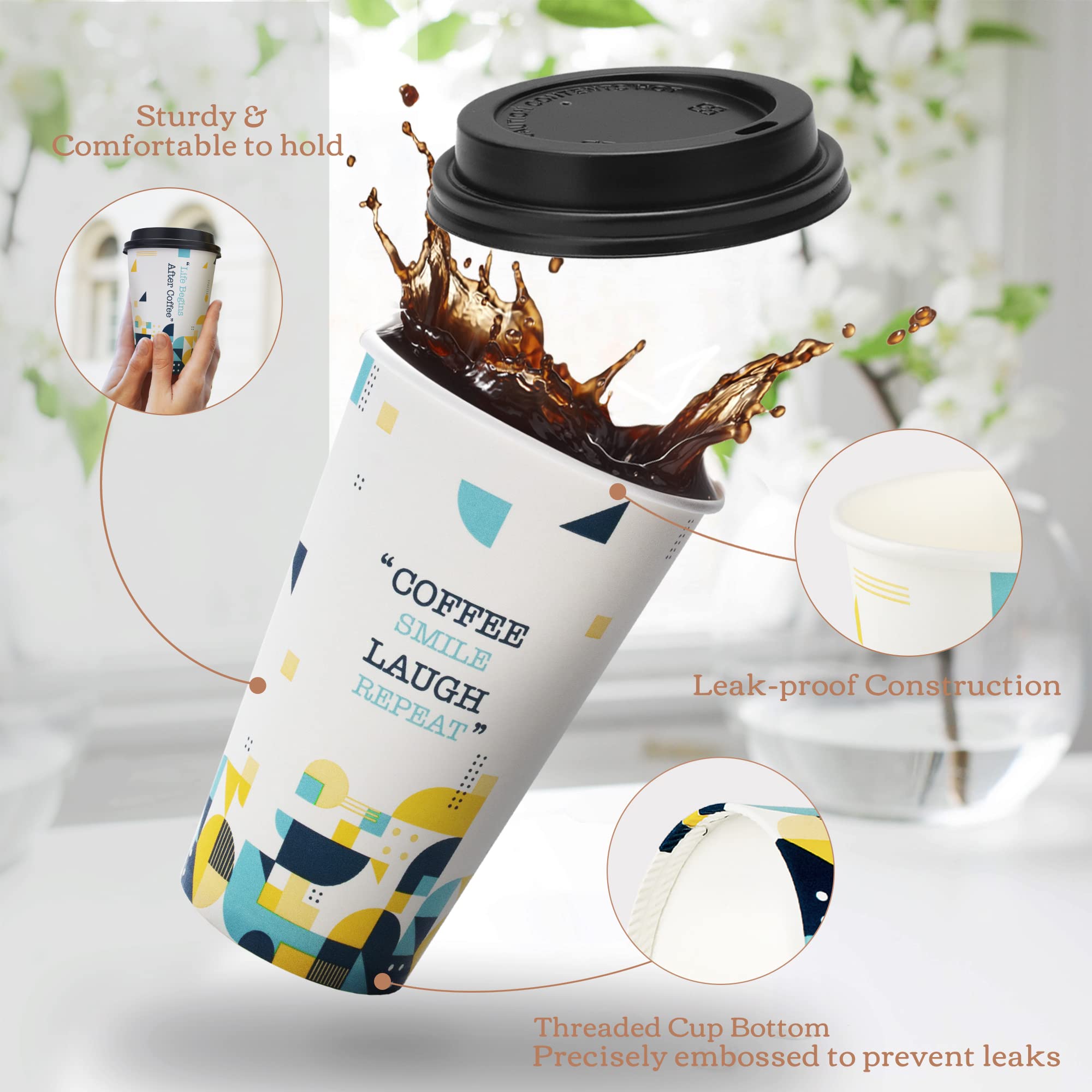 [100 Pack] To Go Coffee Paper Cups with Lids 16 oz | Disposable Coffee Cups with lids | Reusable & Recyclable | Hot & Cold Beverage Drinking Cups for Espresso Tea Water Milk