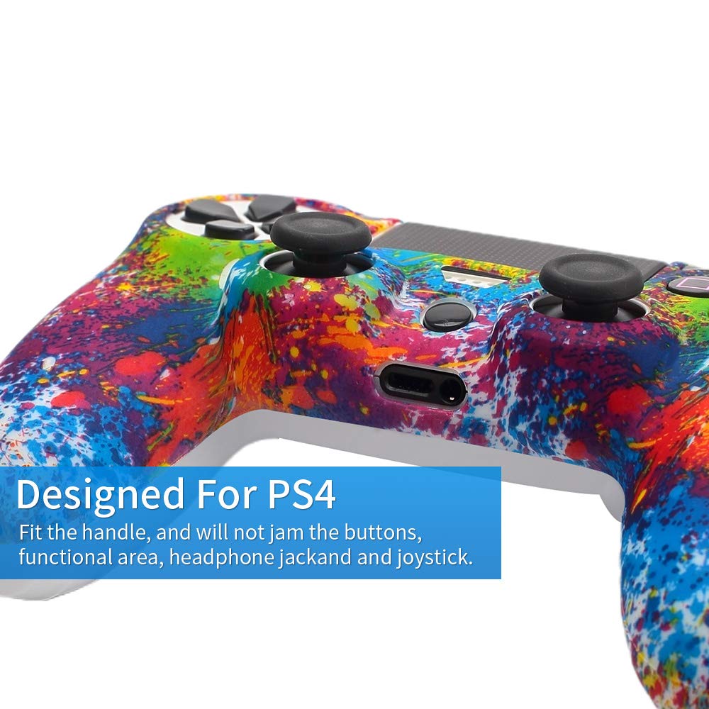 [2 Pack] Skin Cover for Sony PS4/slim/Pro Dualshock 4 Controller , Colorful Silicone Protecte Case Printing Cool, with Pro Thumb Grips x 12