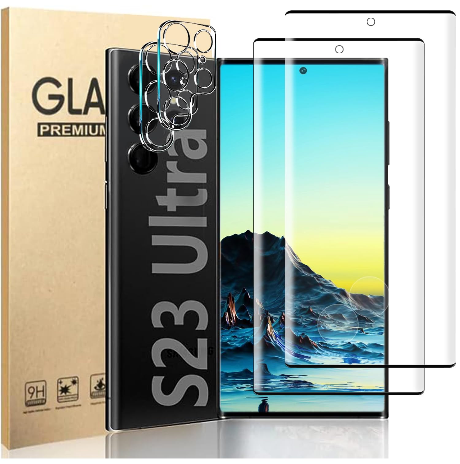 [2+2 Pack] Galaxy S23 Ultra Screen Protector, 2 Pack Tempered Glass Screen Protector +2 Pack Tempered Glass Camera Lens Protector,3D Curved,9H Tempered Glass, Ultrasonic Fingerprint Support, HD Clear