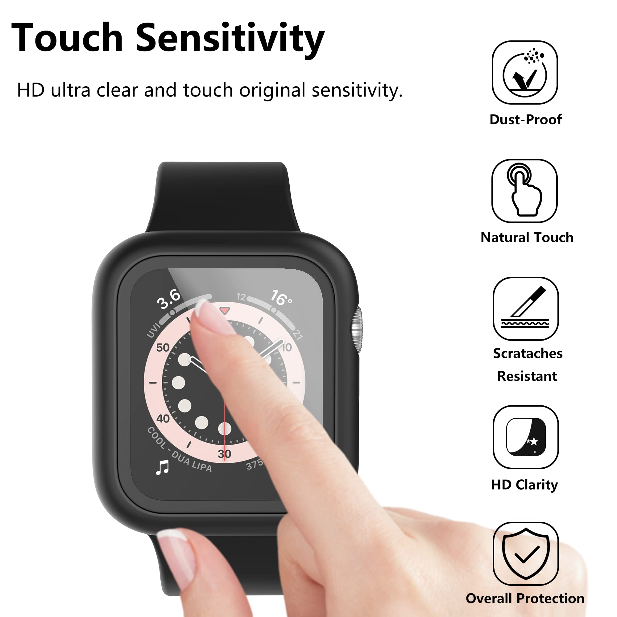 [2 Pack] Restoo Case Compatible for Apple Watch Series 6/5/4/SE 44mm with Tempered Glass Screen Protector,HD Clear Touch Sensitive Ultra Thin Hard PC Protective Cover-44mm,Black + Clear