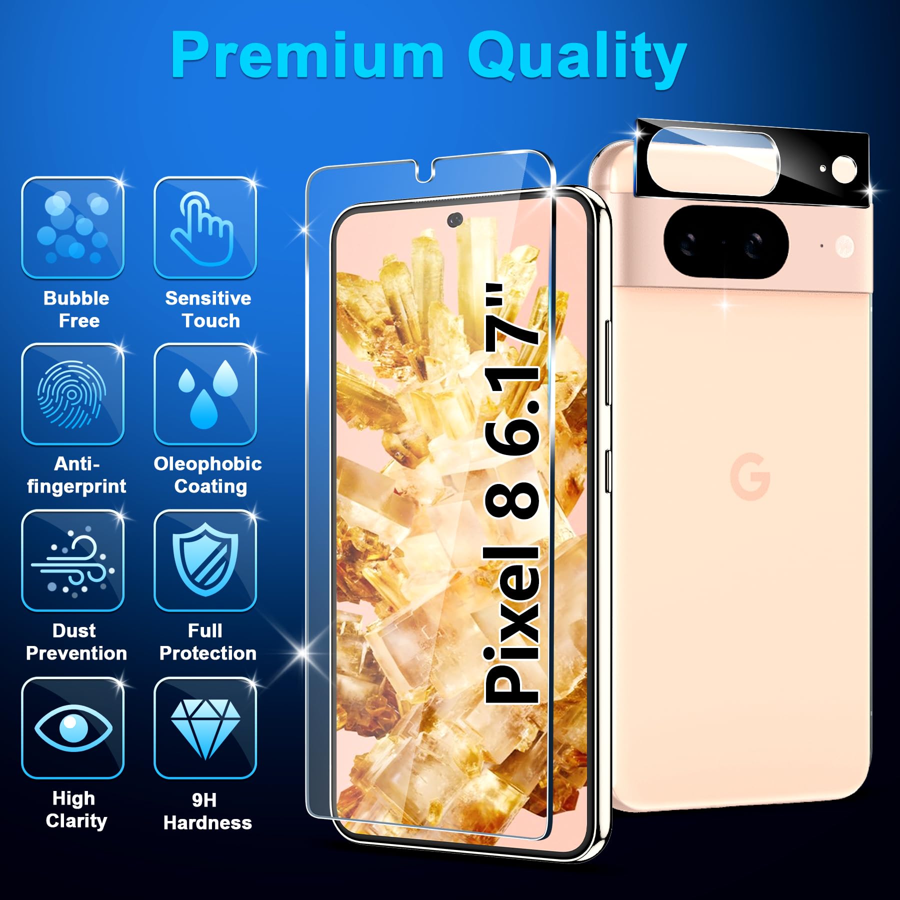 [4+4 Pack] for Google Pixel 8 Screen Protector, 9H Tempered Glass, Ultrasonic Fingerprint Unlock, Case Friendly HD Clear for Google Pixel 8 Tempered Glass Screen Protector 5G