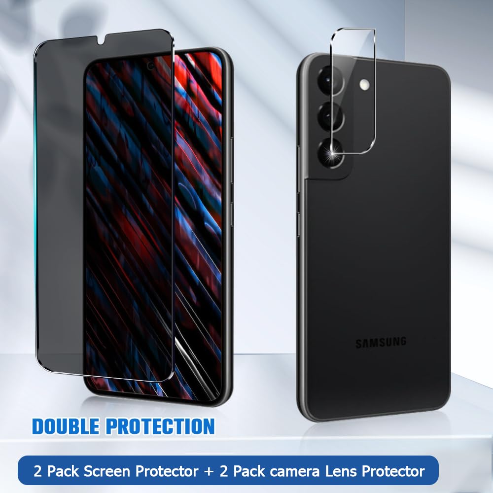 [2+2 Pack] Galaxy S22 5G Privacy Tempered Glass Screen Protector + Camera Lens Film [9H Hardness] [ Full Coverage] [Anti-Fingerprints] Support fingerprint unlocking For Samsung Galaxy S22 (6.1 Inch)