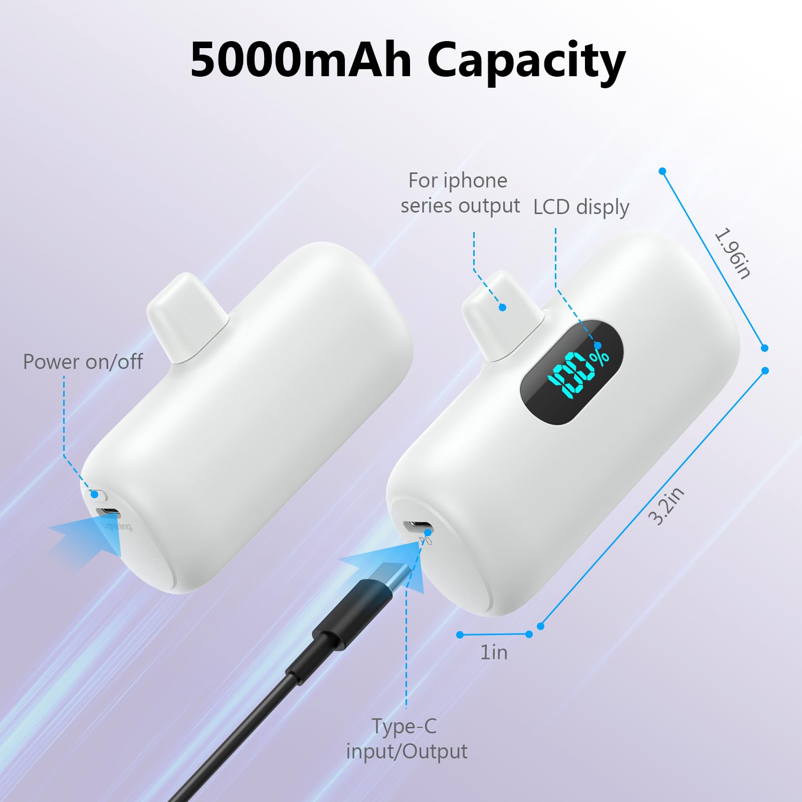 [2 Pack]Mini Portable Charger 5000mAh,Ultra-Compact 15W PD Fast Charging Power Bank,LCD Display Cute Battery Pack Backup Charger Compatible with iPhone 14/14 Pro Max/13/13 Pro/12/XR/8/7/6-Black+White