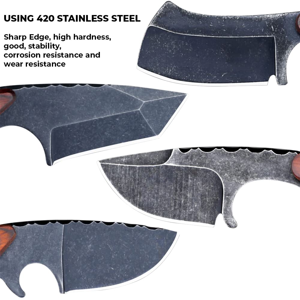 [4 Knives Set] for Outdoor, Survival, Hunting & Camping from Hard Steel fixed Blades, Wooden Handle, Full Tang + 4 Sheaths
