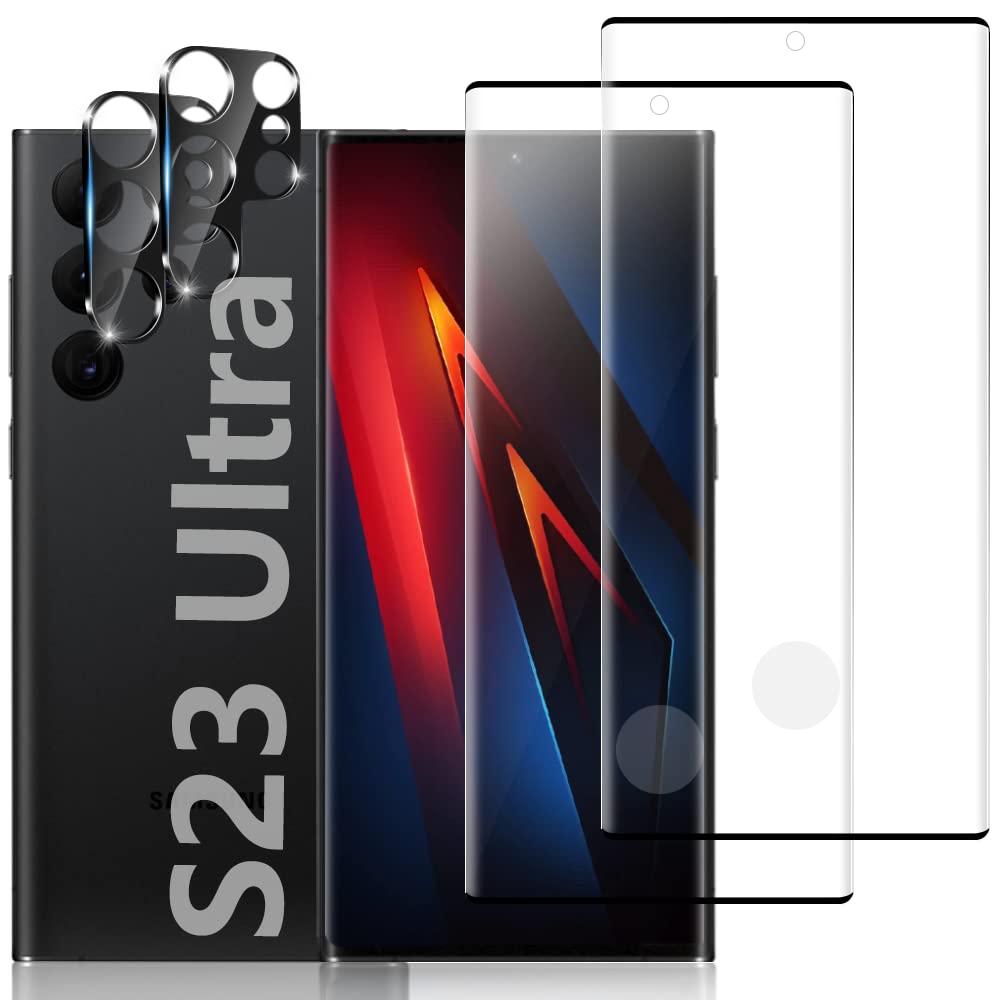 [2+2 Pack] Galaxy S23 Ultra Screen Camera Protector, 9H Tempered Glass Scratch Resistant, Ultrasonic Fingerprint Support, 3D HD Curved, For Samsung Galaxy S23 Ultra 5G 6.8 Inch Glass Screen Protector
