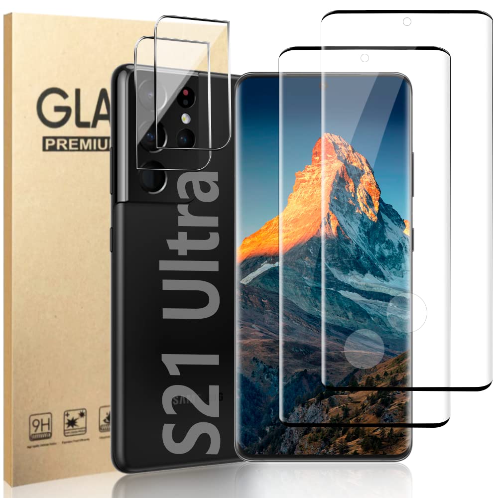 [2+2 Pack] For Samsung Galaxy S21 Ultra Screen Protector, 9H Tempered Glass, Ultrasonic Fingerprint Support, 3D Curved, Easy Install, Scratch Resistant for Galaxy S21 Ultra 5G Glass Screen Protector