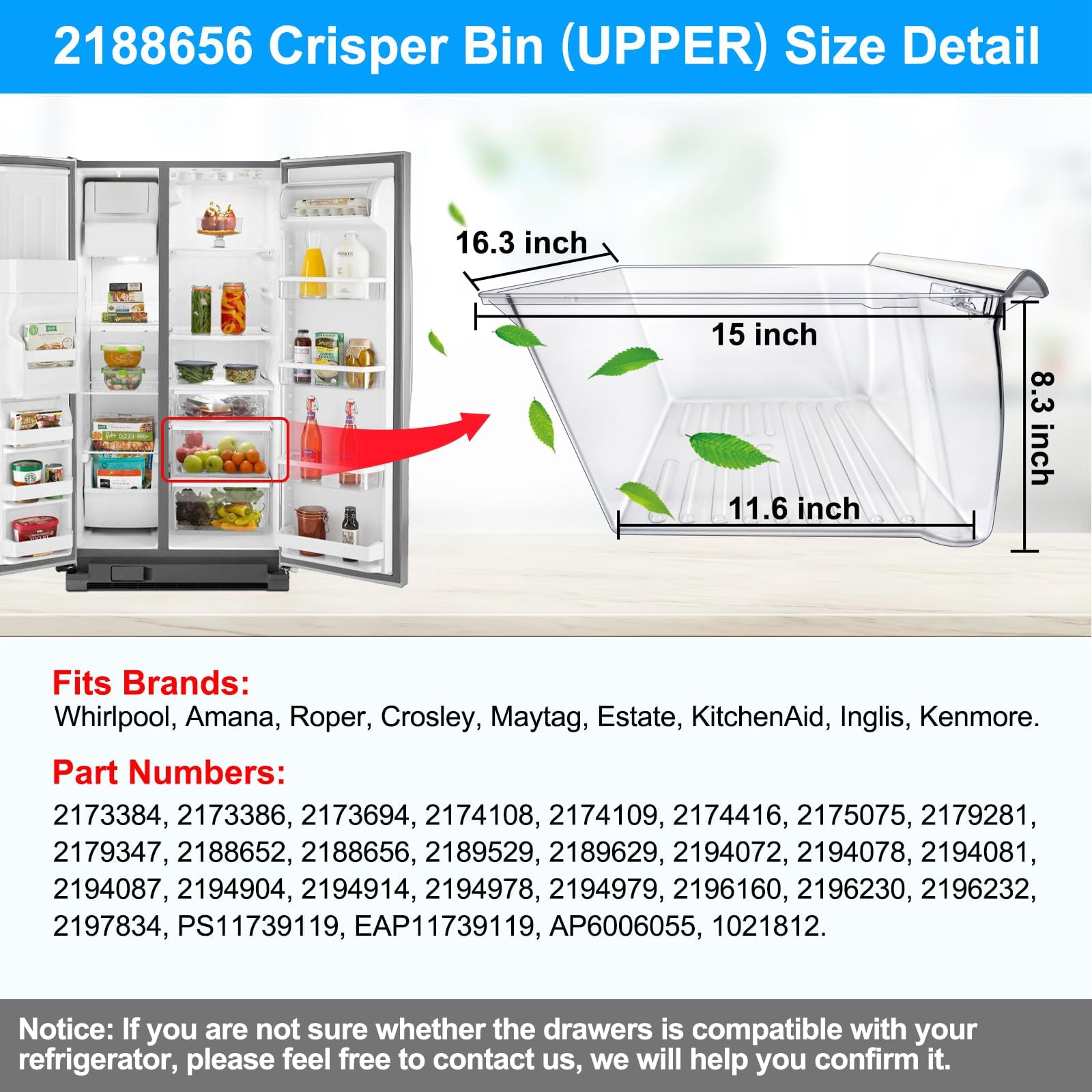 [2 Pack] Upgraded 2188656 Fridge Crisper Drawer (UPPER) & 2188664 Crisper Bin (LOWER) Replacement for Whirlpool Kenmore Refrigerator Drawers with Humidity Control,WP2188656 for Whirlpool Fridge Drawer