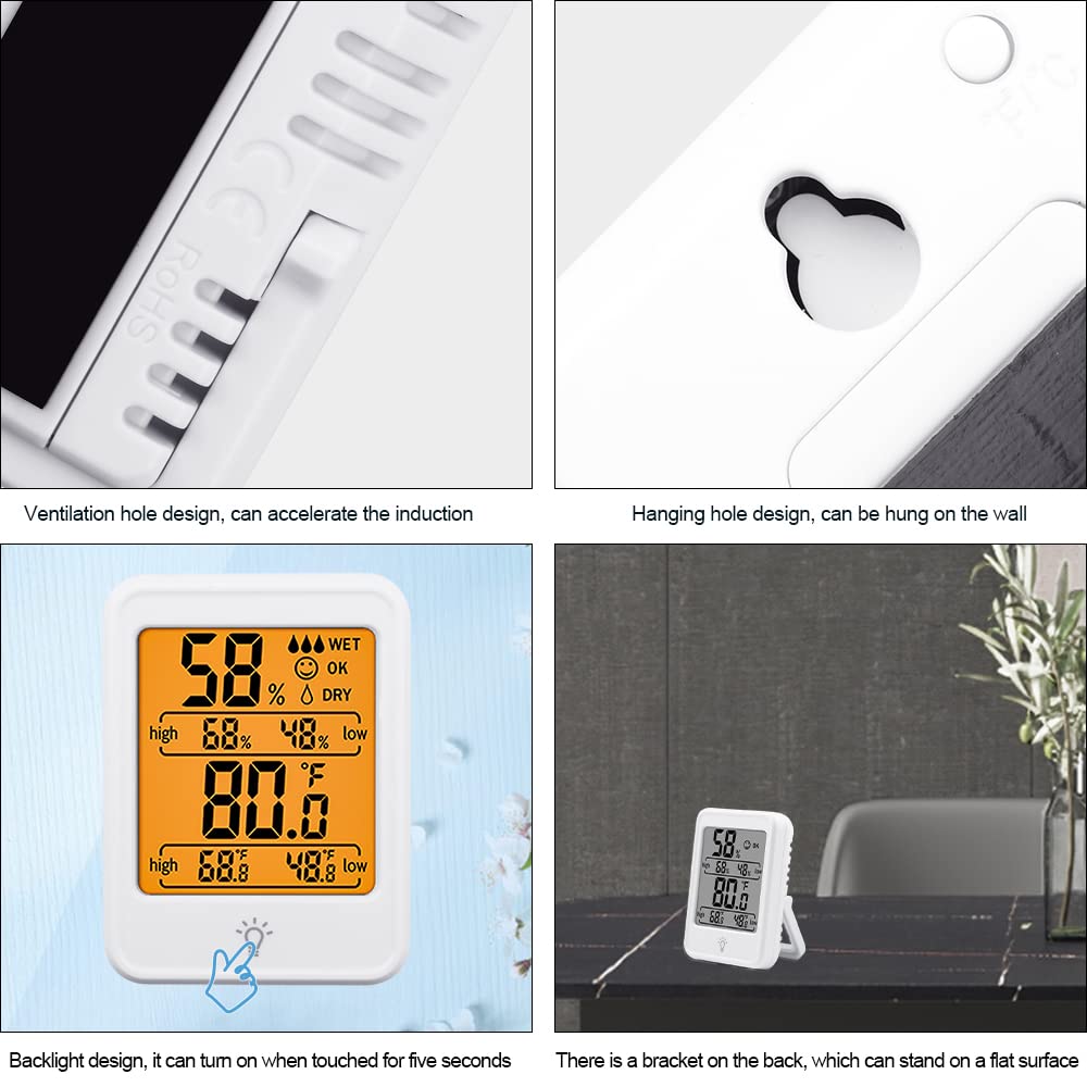 [2 Pack] TIQUS Hygrometer Humidity Gauge Indicator Digital Indoor Thermometer Room Temperature and Humidity Monitor with Touch Backlight White
