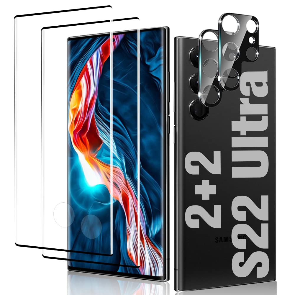 [2+2Pack] Galaxy S22 Ultra Screen Protector,Contain 2Pack Camera Lens Protector, Fingerprint Unlock 9H Hardness HD Tempered Glass [Full Coverage] [No Bubbles] [3D Touch] for Samsung Galaxy S22 Ultra