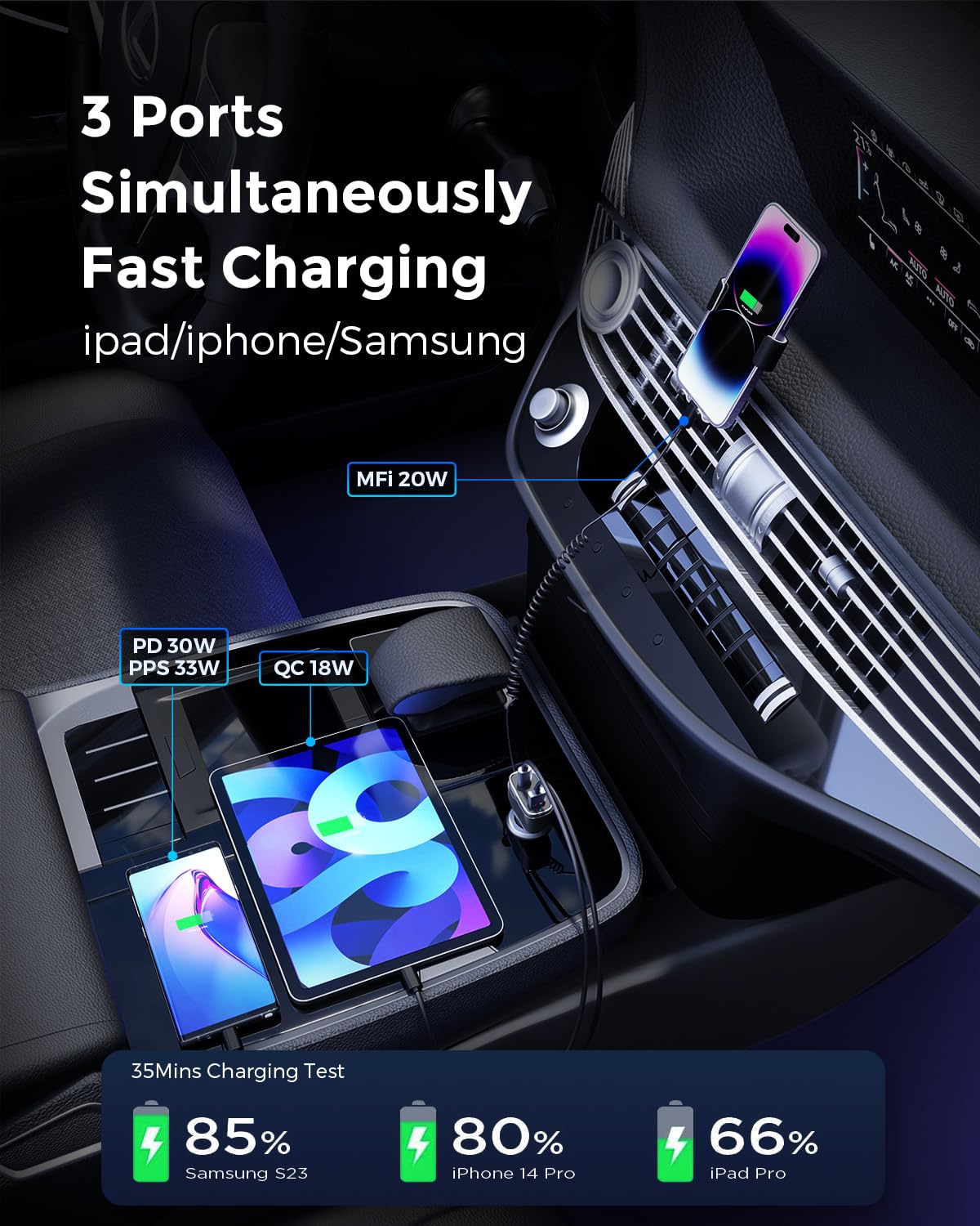 [Apple MFi Certified] iPhone Car Charger, Built-in 5.7FT Lightning Cable for iPhone 15/14/13/12/Max/XR/X/8/7/iPad, 71W 3-Ports PD30W Car Charging Adapter for Samsung Galaxy S23/S22/S21, Google Pixel
