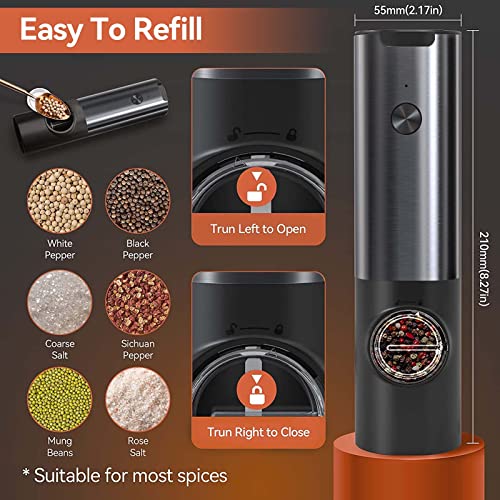 [2023 𝐔𝐩𝐠𝐫𝐚𝐝𝐞𝐝] Electric Salt and Pepper Grinder Set Rechargeable, No Battery Needed, One Hand Operation, Automatic Pepper Mill Refillable, Stainless Steel, Adjustable Coarseness, LED Light