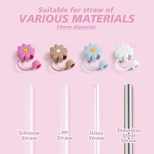[12 Pack] Straw Cover Cap 10MM for Stanley Cup Adventure Quencher 40oz, Reusable Silicone Stopper tips for Stanley Tumbler 30oz, 20oz,12oz Accessories, Fits 10mm/0.4 inch Drinking Straws (Flowers)