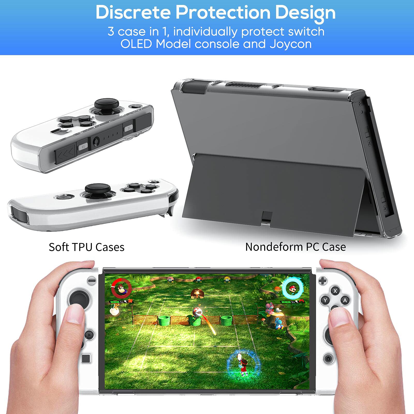[3in1 Protective Case]Clear Cover for Nintendo Switch OLED Model, Dockable Hard PC Console Case, with Soft TPU Case for Right and Left Joycon Controller, Shockproof Protective Accessories for NS OLED