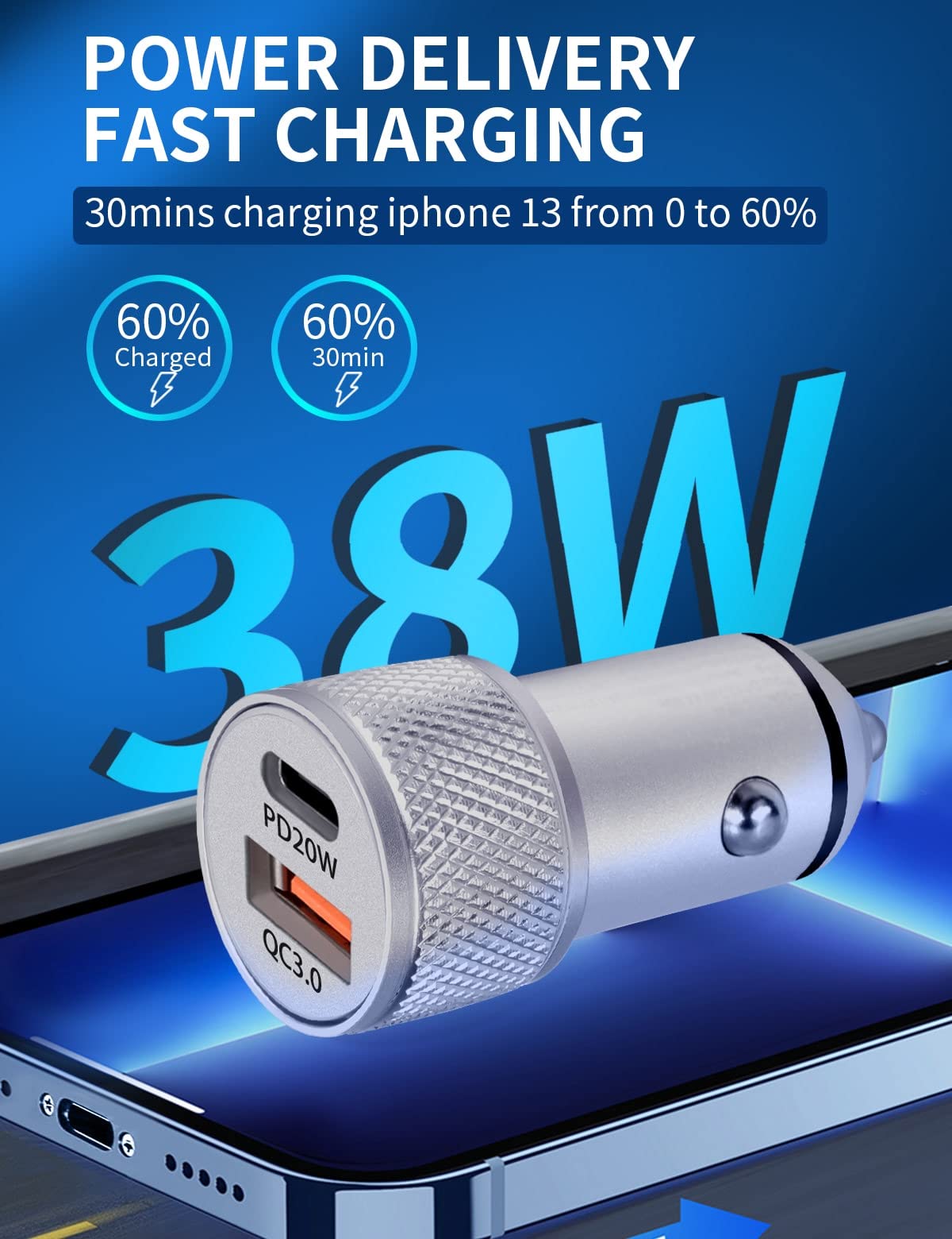 [2Pack] Cynemo Fast Car Charger for iPhone 13 12 11, 38W Dual Port 20W USB C Car Charger Adapter Power Delivery Metal Mini Cigarette Lighter PD QC3.0 Quick Charger for iPhone Samsung Galaxy Devices