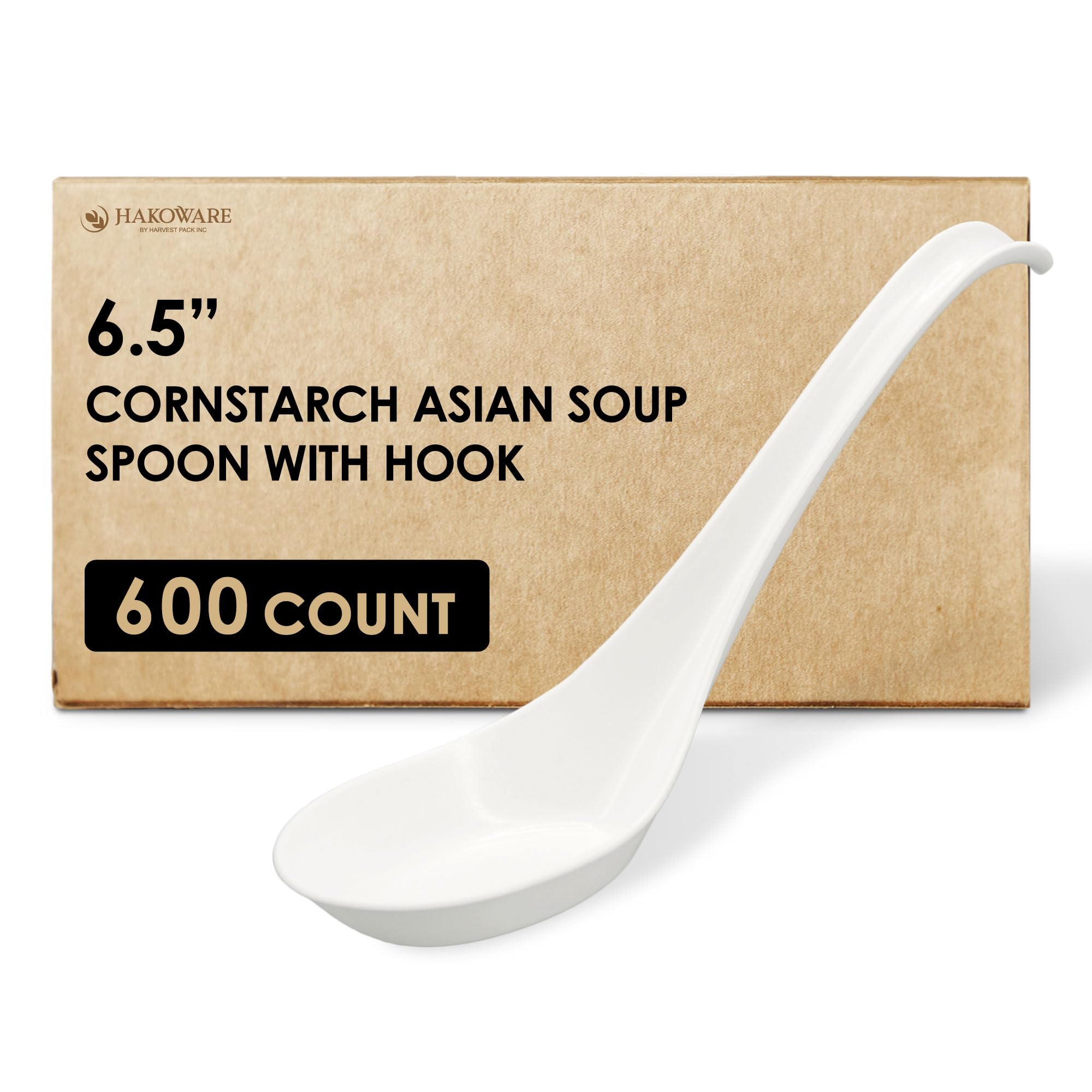 [600 COUNT] HAKOWARE by HARVEST PACK Disposable Asian Soup Spoons with Hook, made from Plastic, for Take-out Ramen Pho Noodles