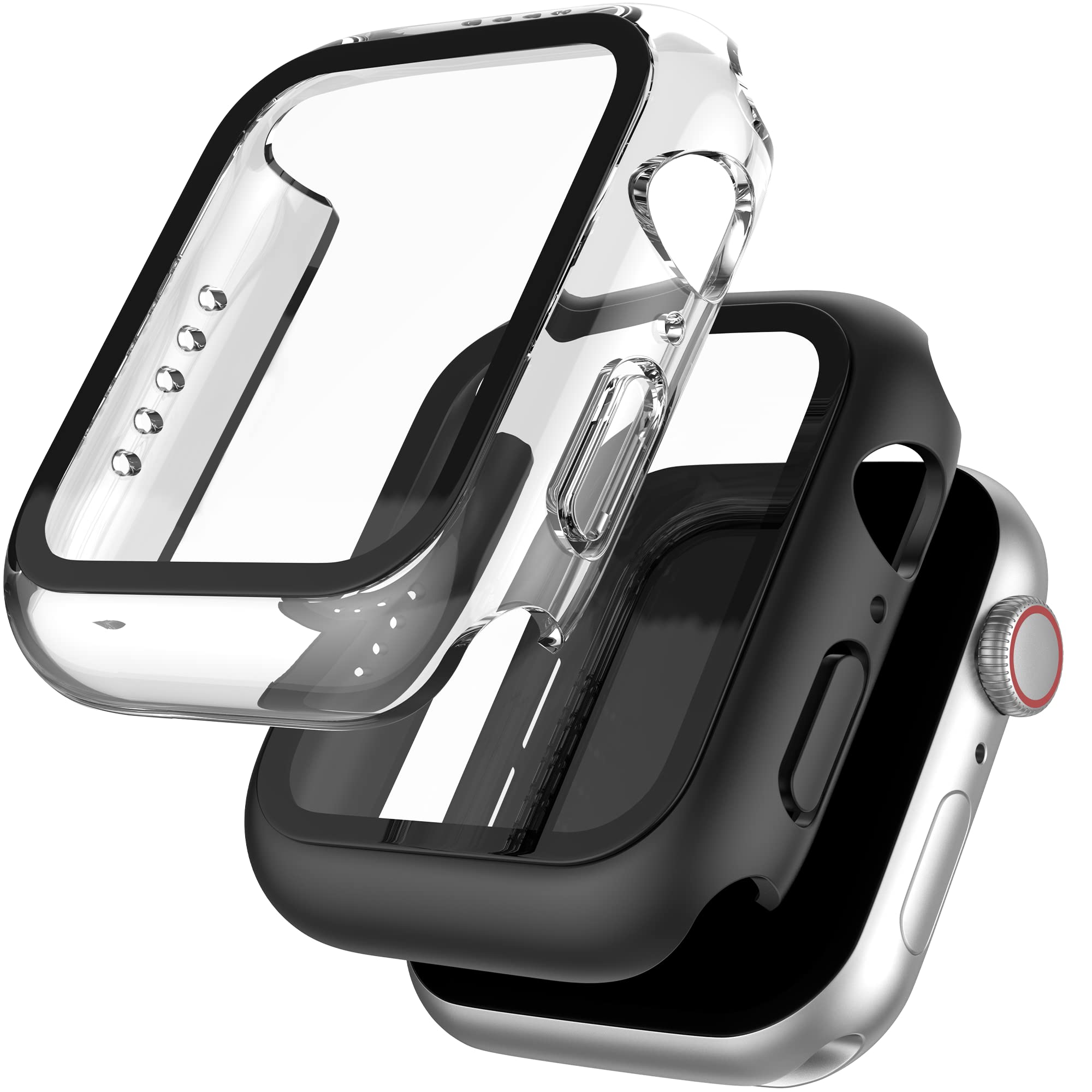 [2 Pack] Restoo Case Compatible for Apple Watch Series 6/5/4/SE 44mm with Tempered Glass Screen Protector,HD Clear Touch Sensitive Ultra Thin Hard PC Protective Cover-44mm,Black + Clear