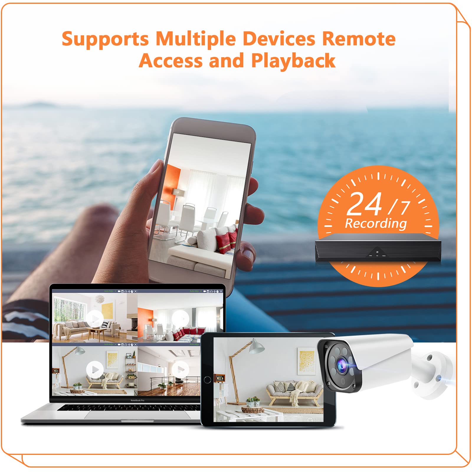 [24-7 Recording] CAMCAMP 2MP Security Camera System with 3TB Hard Drive, 4X Home Outdoor Wired CCTV Cameras with DVR Recorder, IP66 Waterproof, 100ft Night Vision, Motion Alert, Remote Access