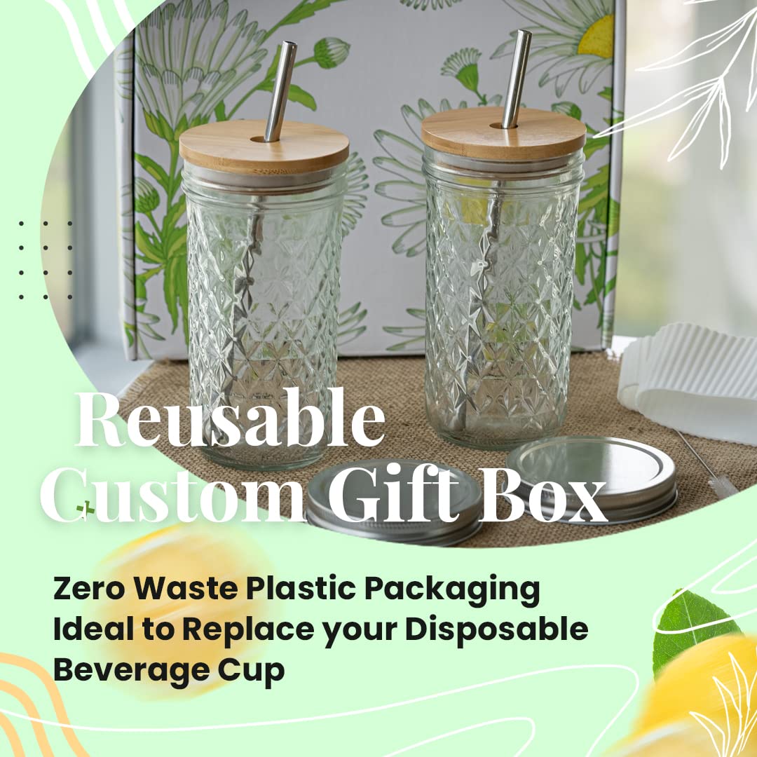 [2Pack] Glass Cups Set - 22oz Mason Jar Drinking Glasses w/Bamboo Lids & Straws & 2 Airtight Lids - Cute Reusable Gift Box Boba Bottle, Iced Coffee Glasses, Travel Tumbler for Bubble Tea, smoothie