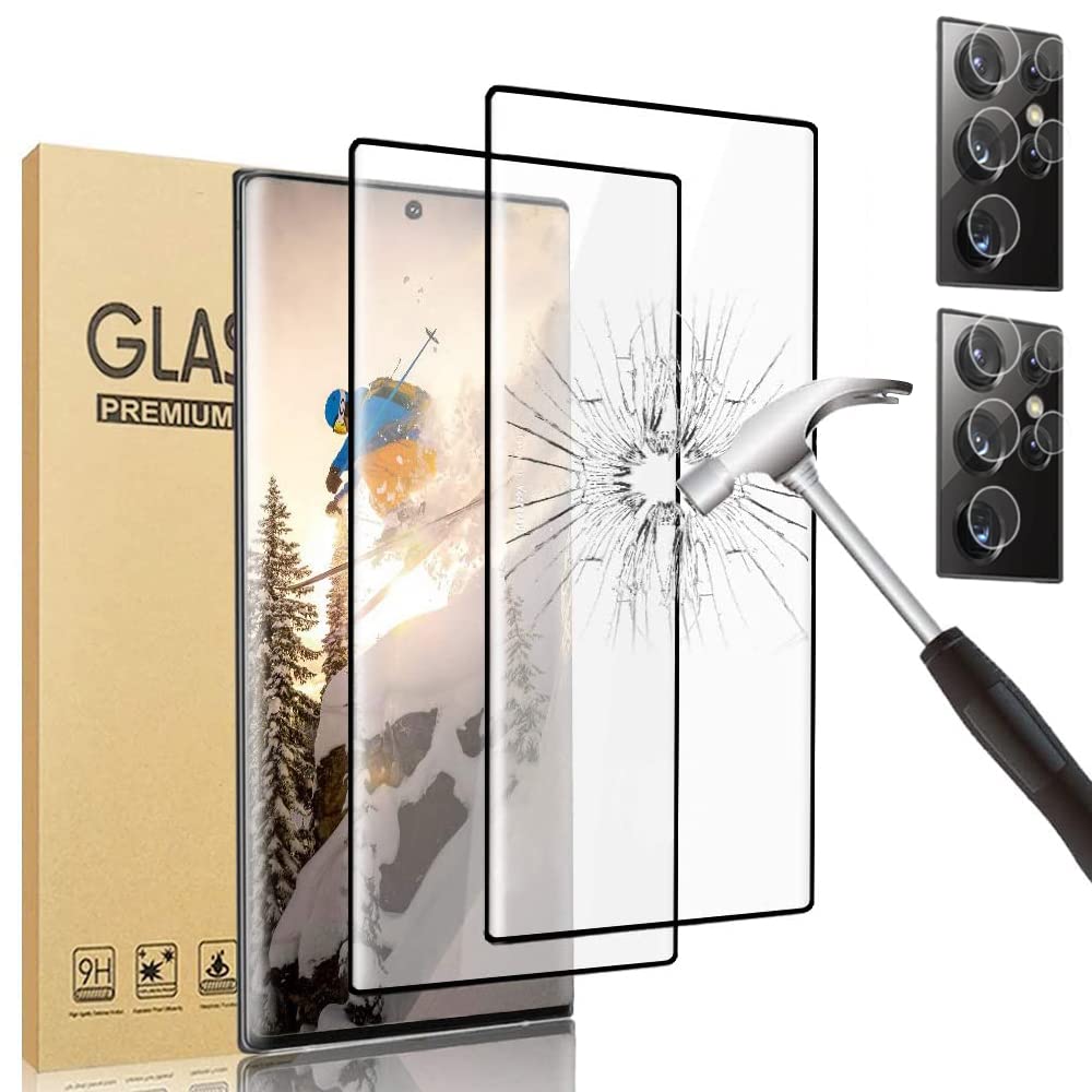 [2+2 Pack ] Galaxy S22 Ultra Screen Protector Tempered Glass, with 2 Pack Camera Lens Protector, 9H Hardness, Support Fingerprint, 3D Curved Glass Film for Samsung Galaxy S22 Ultra (6.8 Inch)