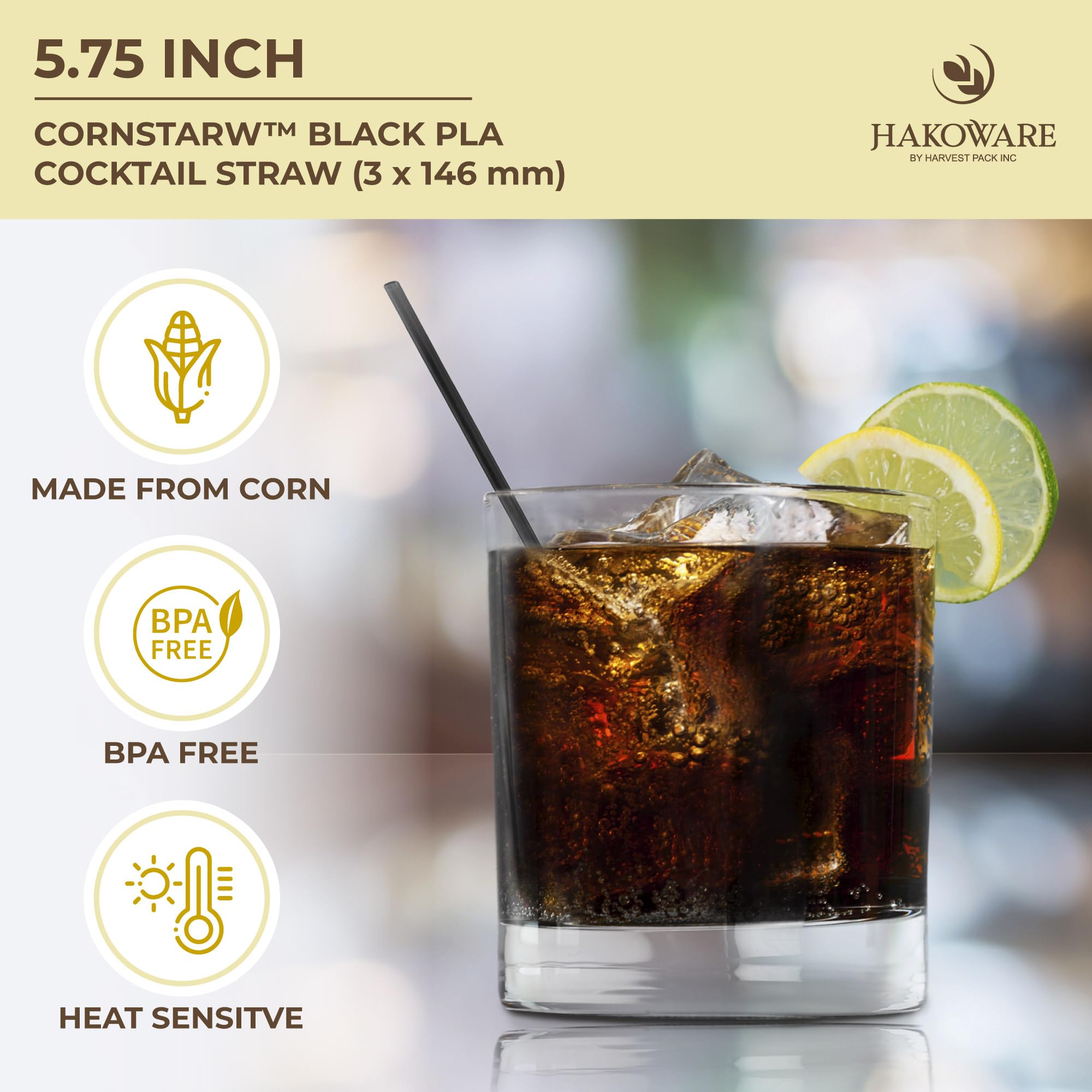 [500 COUNT] CORNSTRAW 5" Black PLA Cornstarch Plasticless Disposable Drink Stirrer Cocktail Straw