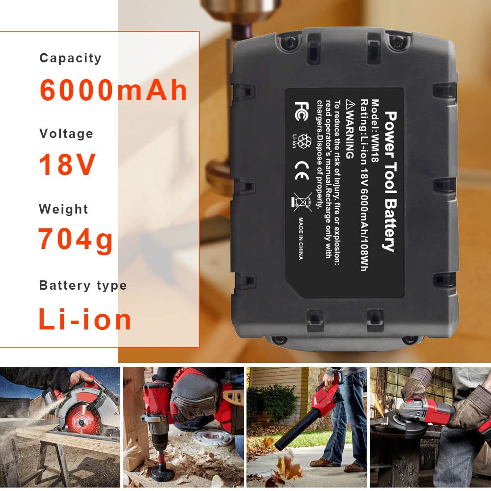 [2Pack] High Output 6.0Ah 18V Battery Replacement for Milwaukee M18,M-18/M-18B/48-11-1812/48-11-1862/48-11-1852/48-11-1828/48-11-1815/48-11-10/48-11-1820/48-11-1840/48-11-1850/48-11-1860