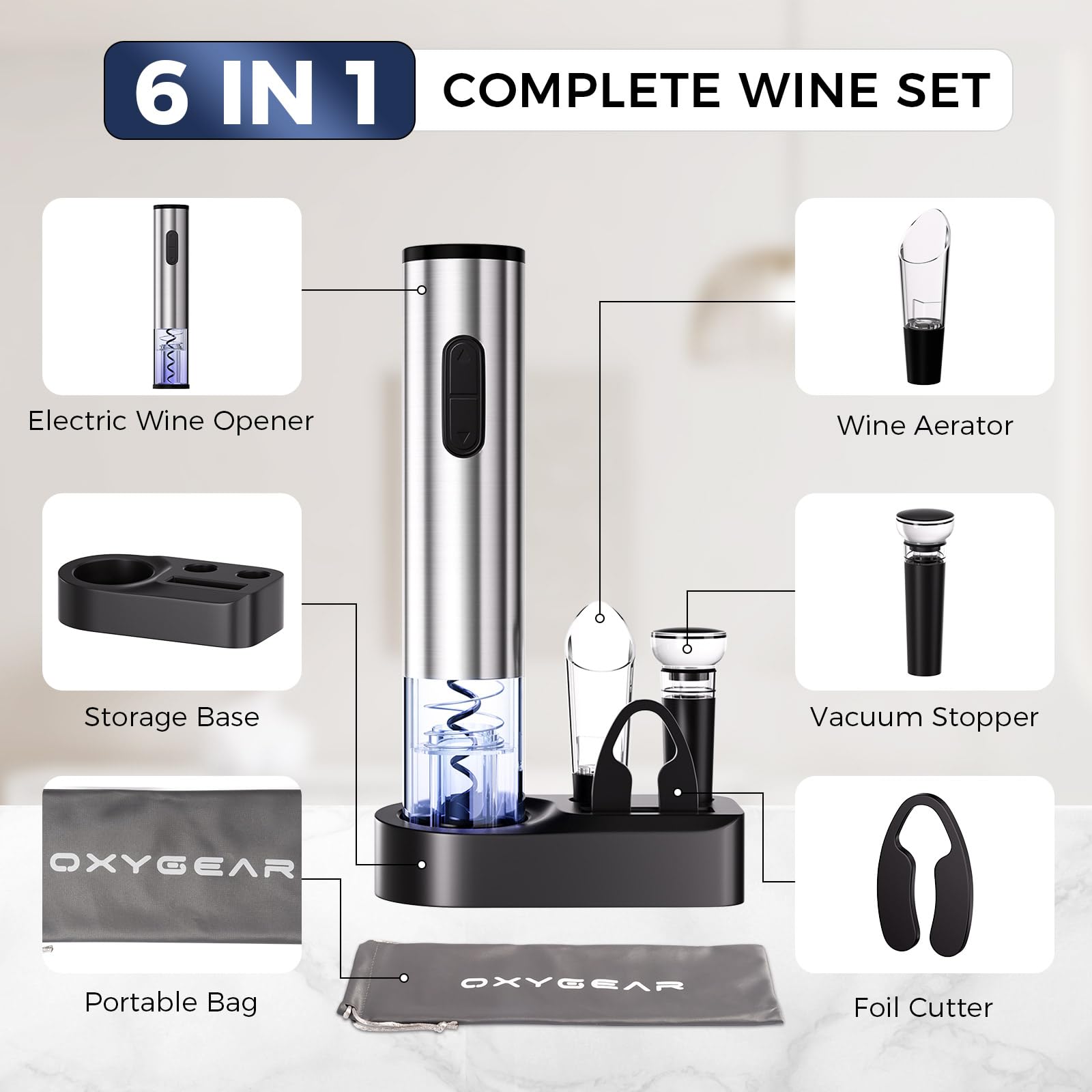 [6-IN-1] Electric Wine Opener, Battery Operated Wine Bottle Opener with Foil Cutter, Wine Aerator, Vacuum Stopper, Storage Base & Carrying Case, Ideal Wine Accessories for Wine Lovers, Stainless Steel