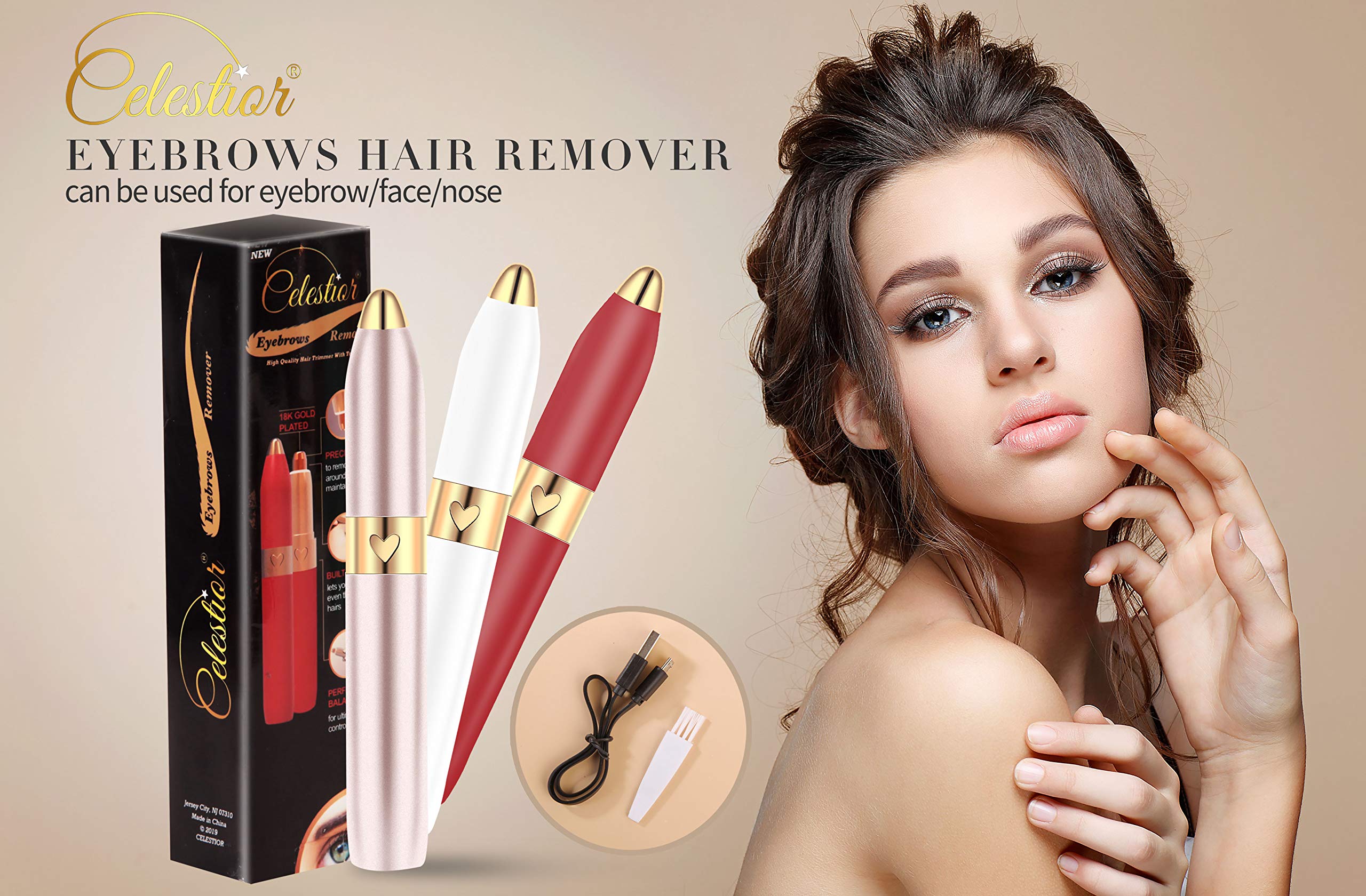 [2021 NEW] Eyebrow Remover by CELESTIOR and Stylish Design Electric Eyebrow Razor and Cleaning Kit with Light and USB Charger for Painless Brow Trimming (Ruby/Gold)