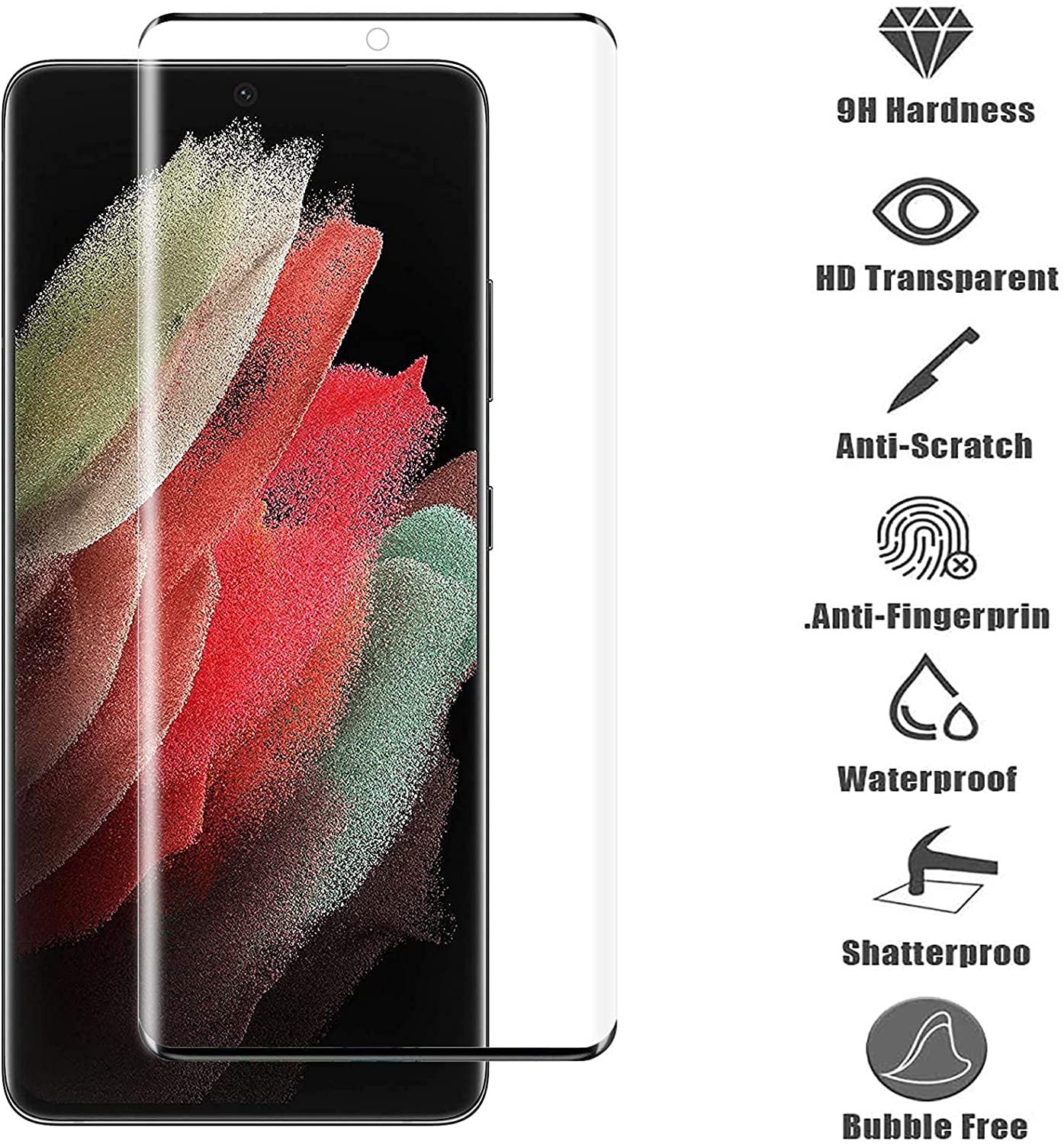 [2+1 Pack] Galaxy S21 Ultra Screen Protector 5G 6.8", Compatible Fingerprint, 9H Hardness, Full Coverage 3D Curved Tempered Glass Screen Protector for Samsung Galaxy S21 Ultra