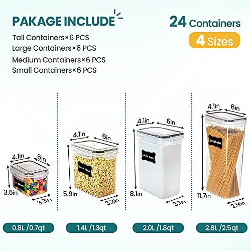 [24 Pack] Airtight Food Storage Containers with Lids for Kitchen & Pantry Organization, BPA Free Plastic Dry Food Canisters Set for Snacks, Cereal, Flour, Sugar - Free Labels Marker & Spoon Set