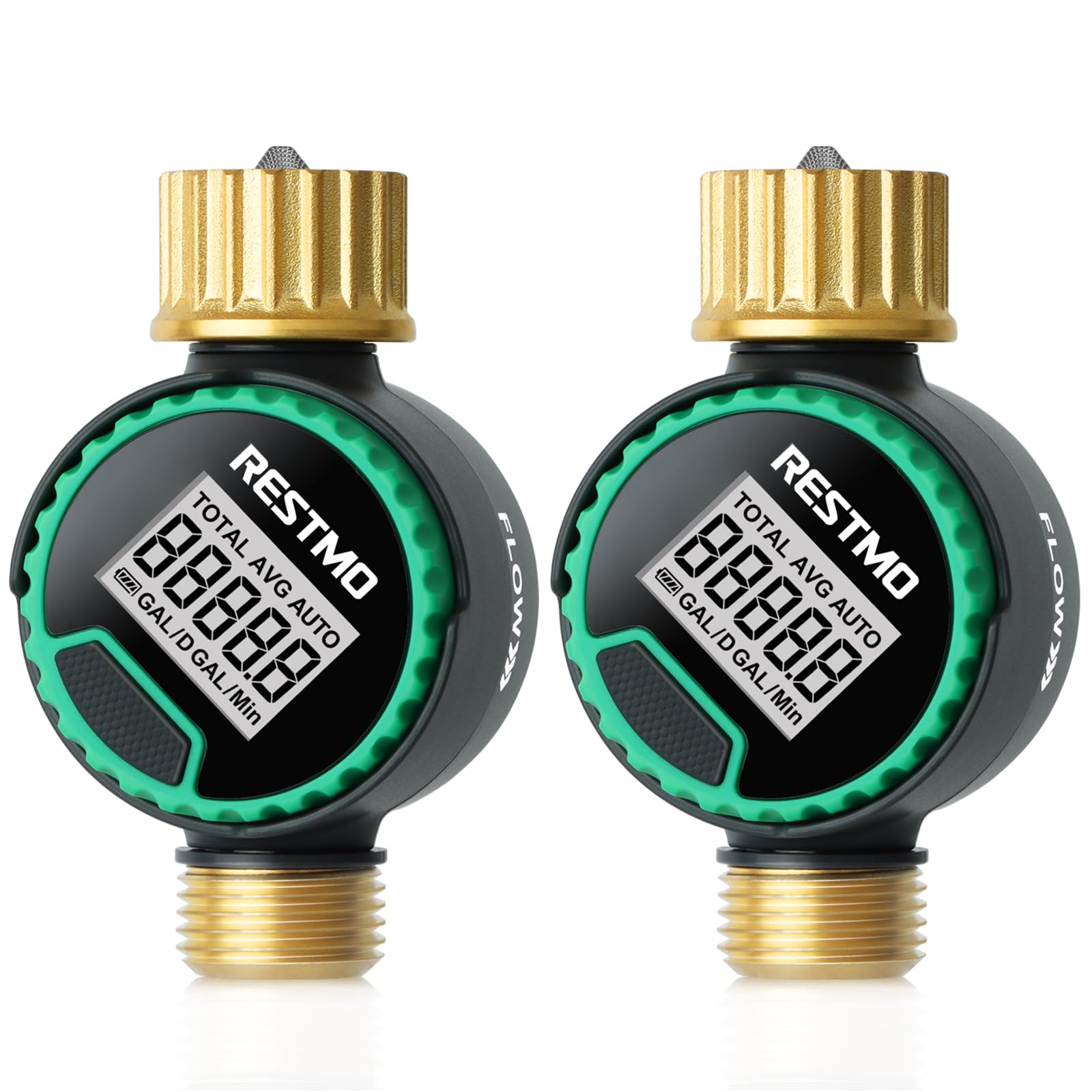 [2 Pack] RESTMO Water Flow Meter with 360° Rotatable Control Panel, Brass Inlet & Outlet, Measure Gallon/Liter Consumption and Flow Rate for Hose Nozzle Watering, RV Water Tank Filling, Lawn Sprinkler