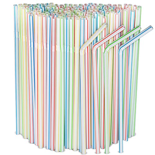 [250 Pack] Striped Flexible Plastic Drinking Straws Disposable Straw 8'' inches Tall Assorted Colors