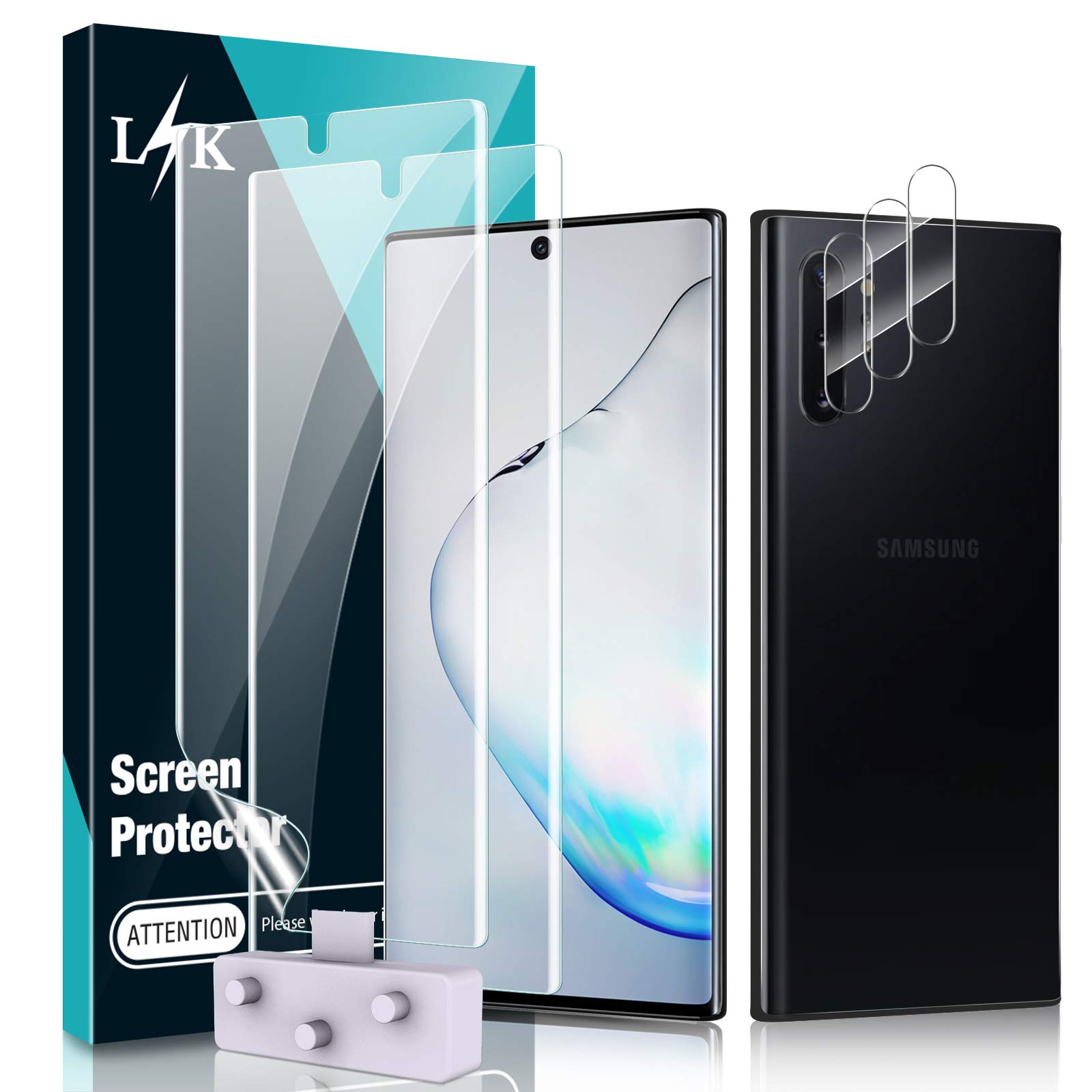 [2+3 Pack] LϟK Compatible for Samsung Galaxy Note 10, 2 Pack Screen Protector & 3 Pack Camera Lens Protector ,Flexible TPU Film, Full Coverage, Case Friendly, Locate Tool Precise Alignment - Gray
