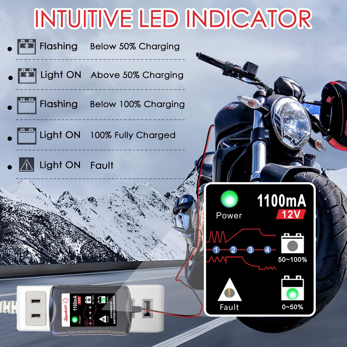 [2-Pack] LEICESTERCN 12V Battery Trickle Charger Maintainer Portable Smart Float Charger for Car Motorcycle Lawn Mower SLA AGM Gel Cell Wet Lead Acid Batteries