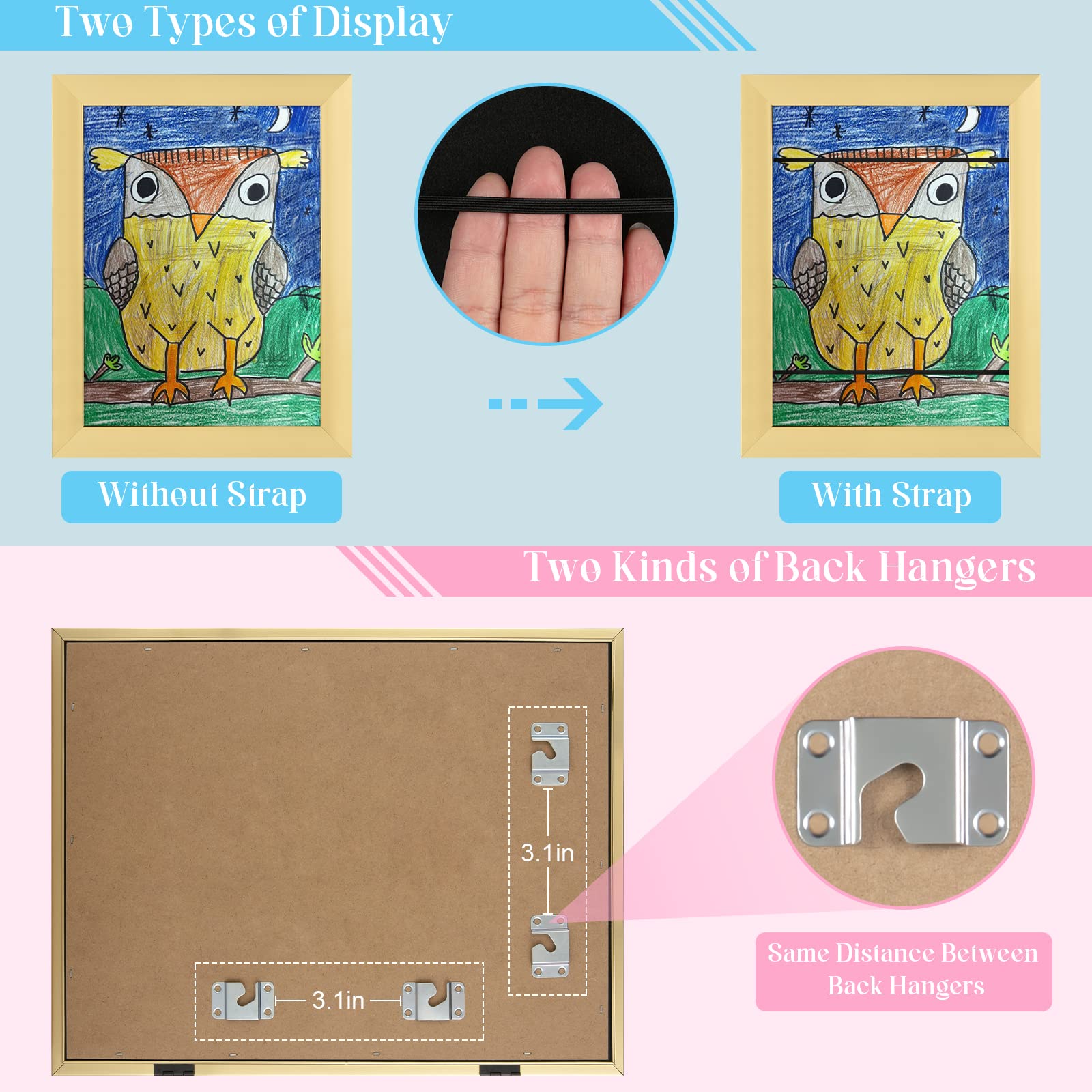 [2-Pack] Kids Art Frames, 8.5x11 Front Opening Kids Artwork Frames Changeable, Gold Artwork Display Storage Frame for Wall, Holds 50 Pcs, for 3D Picture, Crafts, Children Drawing, Hanging Art,