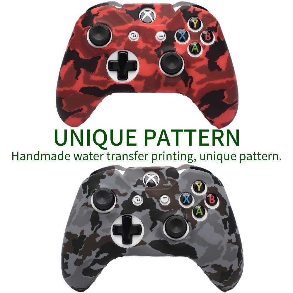 [2 Pack] Xbox One Controller COD Skin Premium Silicone Cover, Comfortable Grip Non-Slip Sweatproof Protector Case, for Microsoft Xbox One Controller, Camouflage Red&Grey, with Thumb Grips x 12
