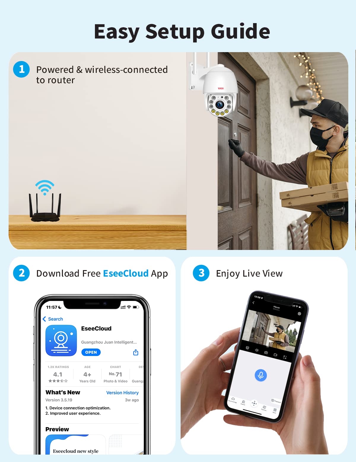 [2K,Auto-Track Camera] Tonton 3MP Wireless Pan and Tilt Outdoor WiFi Security Camera,2 Way Audio,Floodlight,Color Night Vision,Standalone Working,Also Works with All of Tonton Wireless NVRs