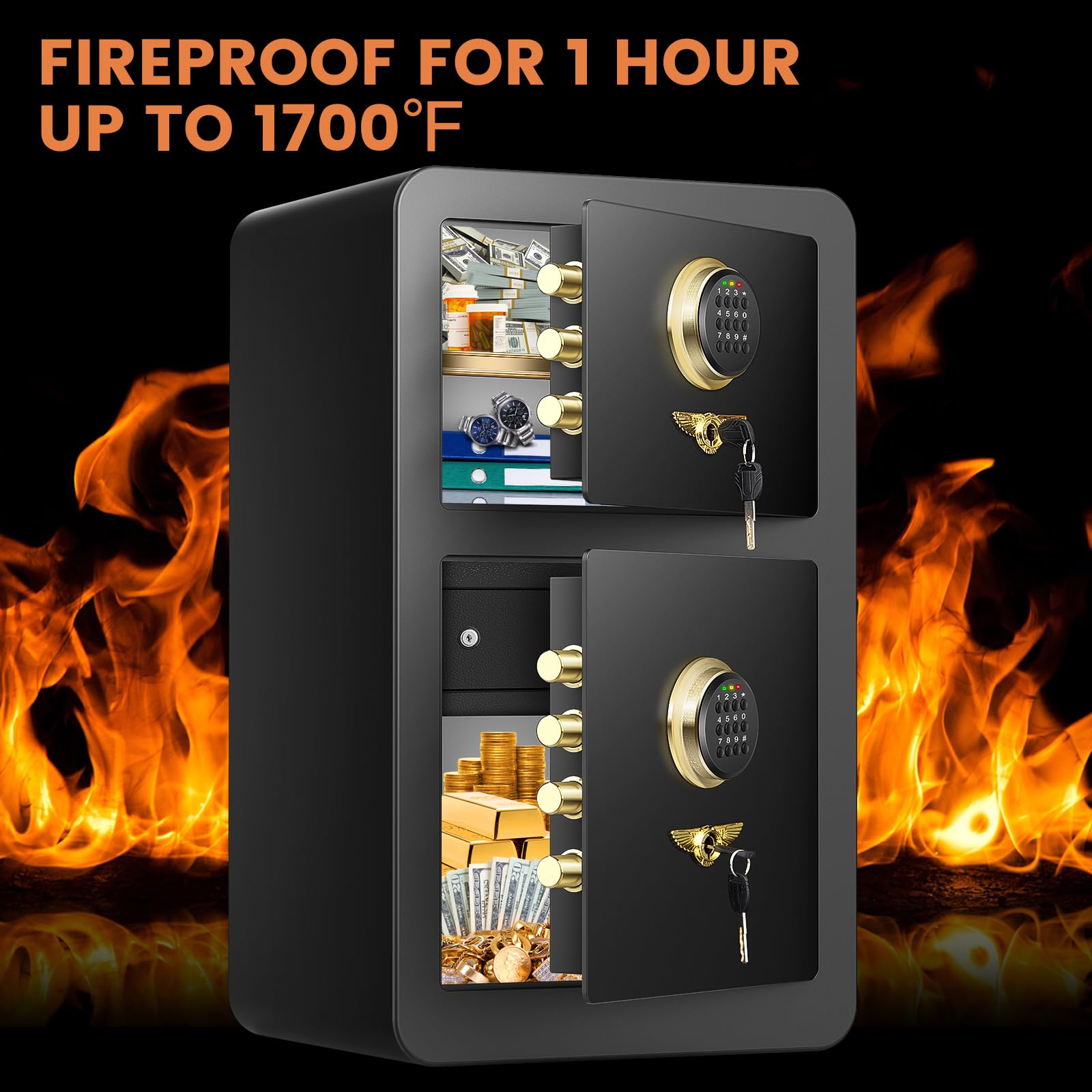 [2023 Upgraded] 6.1 Cu ft Large Home Safe Box Fireproof Waterproof with [DOUBLE SAFES], Heavy Duty Fire proof Safes for Home Use with Hidden Lock Box, Digital Security Safe for Money Firearm Medicine