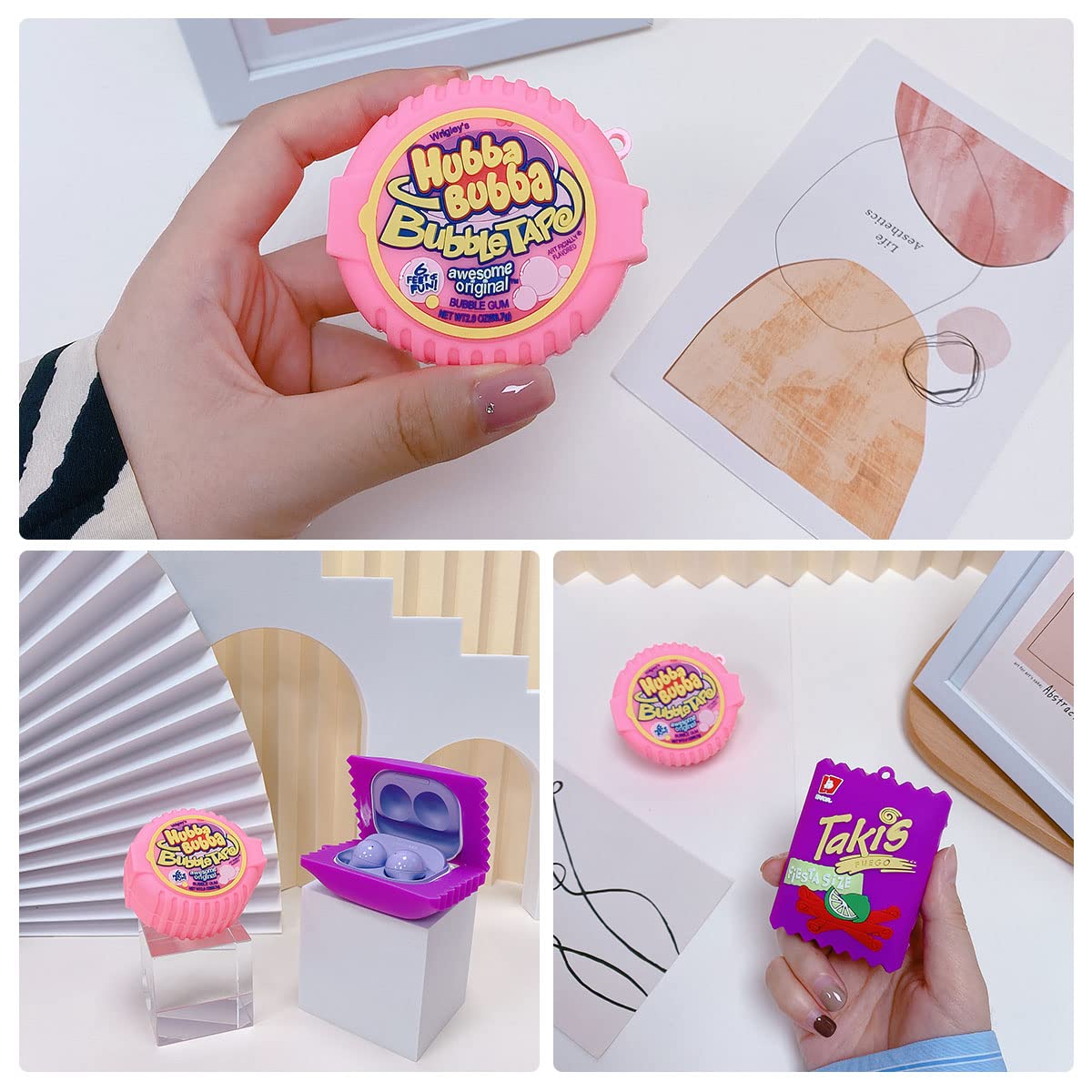 [2Pcs] Cute Case for Galaxy Buds Live Case 2020/Galaxy Buds Pro Case/Galaxy Buds 2 Case 2021, Cute 3D Fun Fashion Food Design Silicone Protective Skin for Girl Boys(Bubble Gum+Purple Potato Chips)