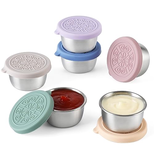 [6 Pack] Salad Dressing Container To Go, 1.6 oz Small Condiment Containers with Lids, Reusable Stainless Steel Sauce Cups Containers, Leakproof Silicone Lids for Lunch Bento Box, Picnic and Travel