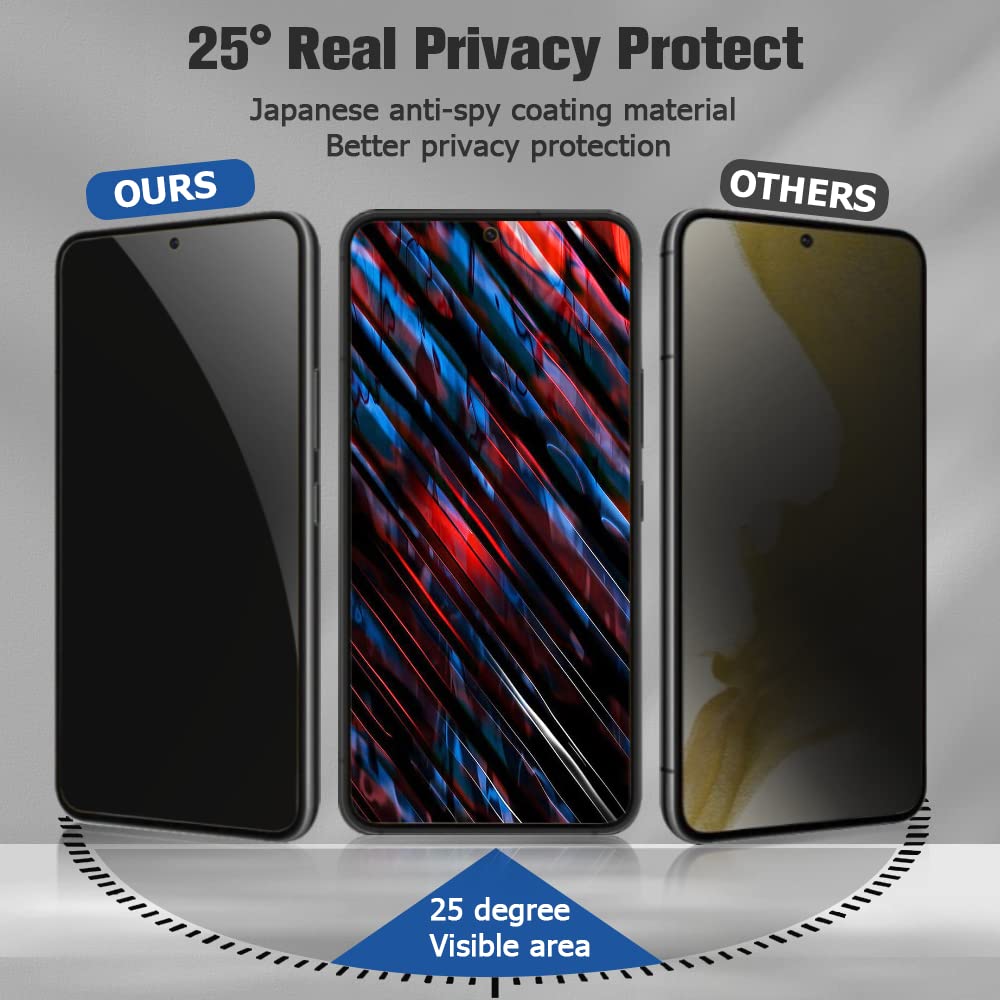[2+2 Pack] Galaxy S22 Privacy Tempered Glass Screen Protector + Camera Lens Film [9H Hardness] [ Full Coverage] [Anti-Fingerprints] Support Fingerprint Unlocking for Samsung Galaxy S22 5G(6.1 Inch)