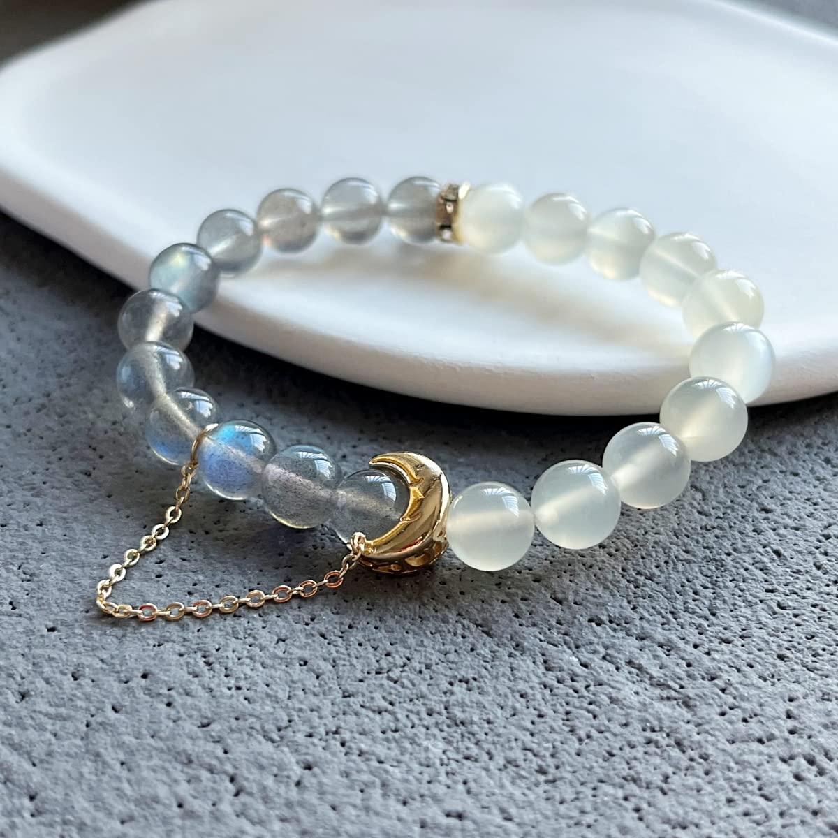 [Amber Crystal] Women Healing Chakra Gray White Moonstone 18K Gold Moon Chain Natural Lucky Crystal Beads Elastic Bracelet, 6inch(Wrist Circumference)