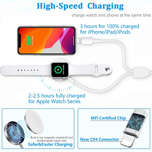 [Apple MFi Certified] 2 in 1 for Apple Watch Charger Portable Wireless Watch Charging Cable Compatible with Apple Watch Series 8/7/SE/6/5/4/3/2/1 and iPhone 12/13/14/Pro/Max/XR/XS Max/X