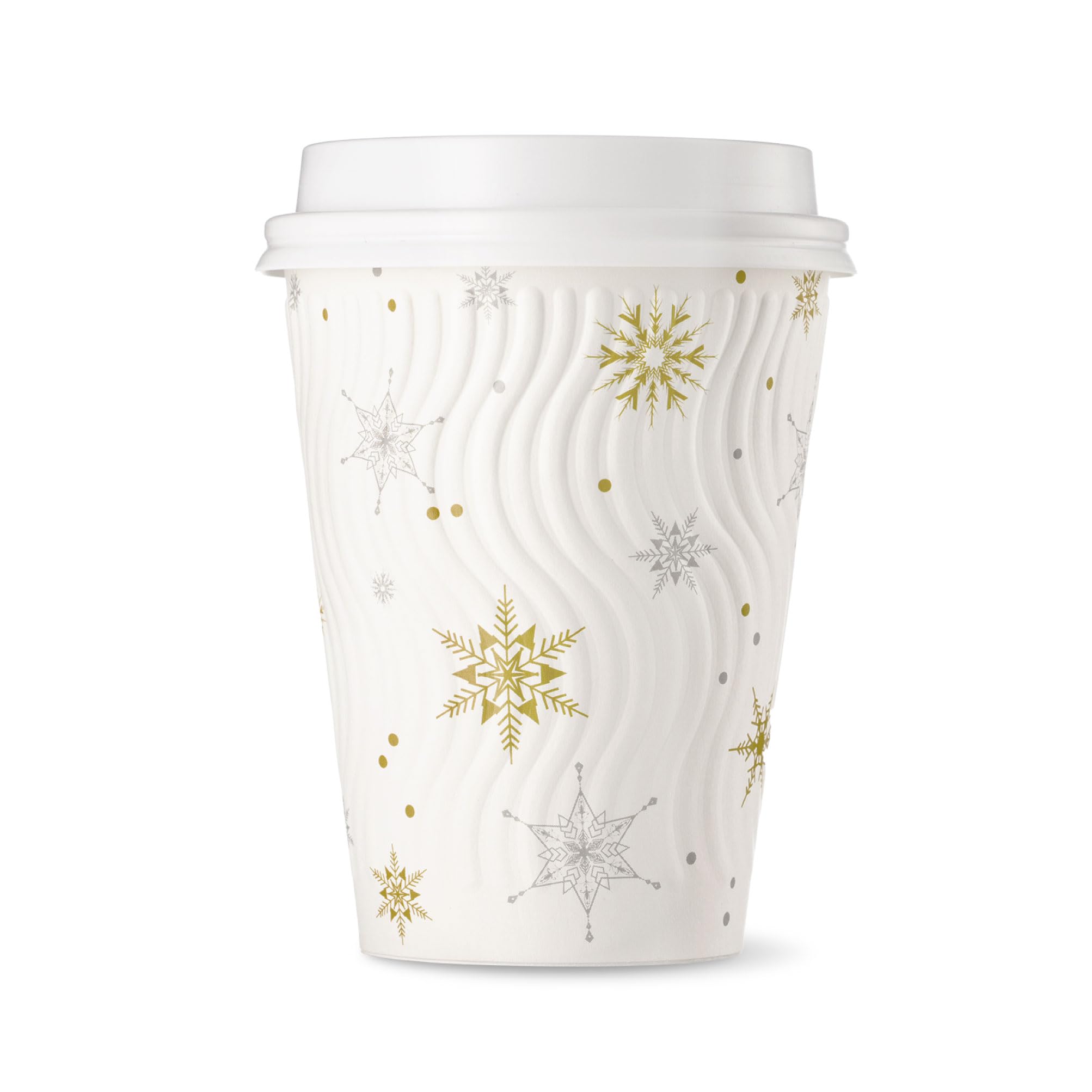 [100 SET]Harvest Pack 12 oz Christmas Coffee Cups, White Snowflake Winter Disposable Paper Cups, Insulated Ripple Wall Paper Cups with Lids, XMAS Gold and Silver Foil, Hot Chocolate To go
