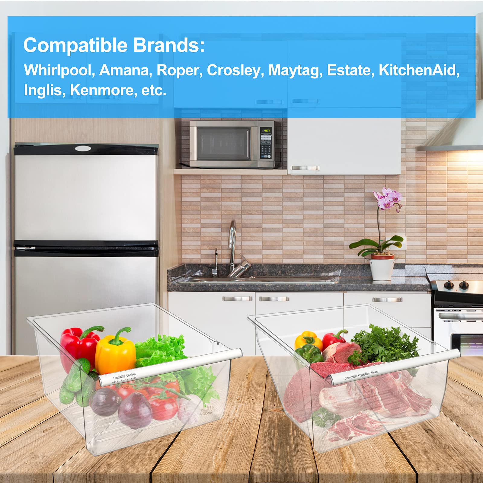 [2 Pack] Upgraded 2188656 Fridge Crisper Drawer (UPPER) & 2188664 Crisper Bin (LOWER) Replacement for Whirlpool Kenmore Refrigerator Drawers with Humidity Control,WP2188656 for Whirlpool Fridge Drawer