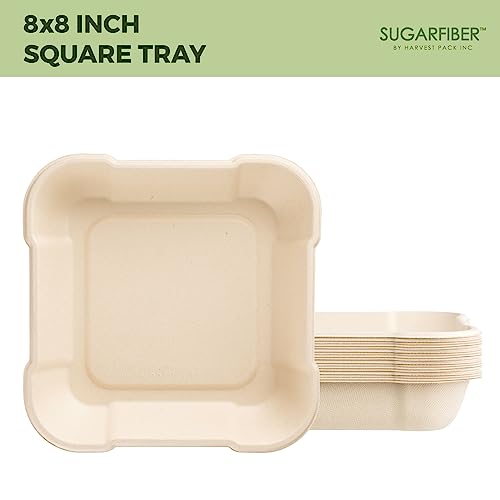 [500 COUNT]Harvest Pack 8" x 8" Compostable Disposable Food Trays, Eco-Friendly Square Serving Container Made From Plant Fibers Meal Prep Takeout Dinnerware Plates Catering
