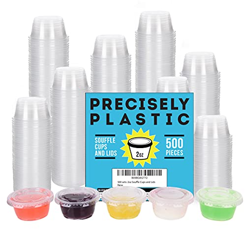 [500 sets - 2oz] Disposable Plastic Souffle/Portion Cups with Lids Bulk Perfect for Shot Glasses, Condiments, Toppings, Dressings, Sampling