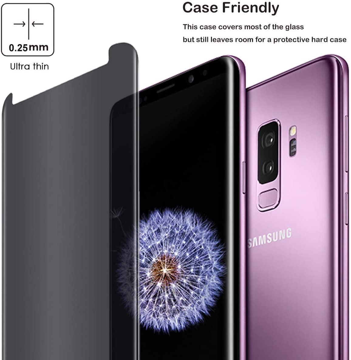 [2-Pack] SUKER Galaxy S9 Privacy Tempered Glass Anti-Spy Screen Protector [3D Curved] [Case Friendly] [9H Hardness] for Samsung Galaxy S9 (5.8"), Anti-Scratch, Bubble Free