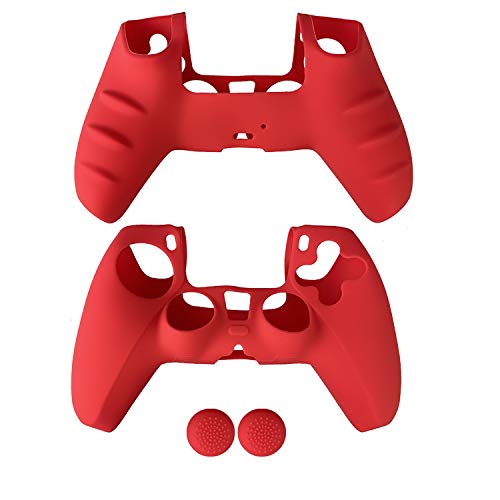 [2 PACK] PS5 DualSense Anti-Slip Silicone Skin Controller for Sony PlayStation 5 with Thumb Grips (Red & Red Marble)