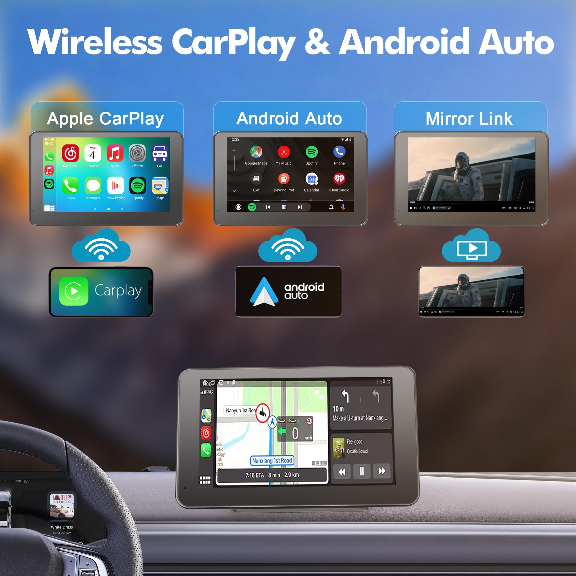 [2023 Upgrade] Portable Car Stereo with Wireless CarPlay and Android Auto,7" HD Portable Carplay Touch Screen Car Stereo, Multimedia Player with Mirror Link/GPS/Siri/Bluetooth Support Most car Models