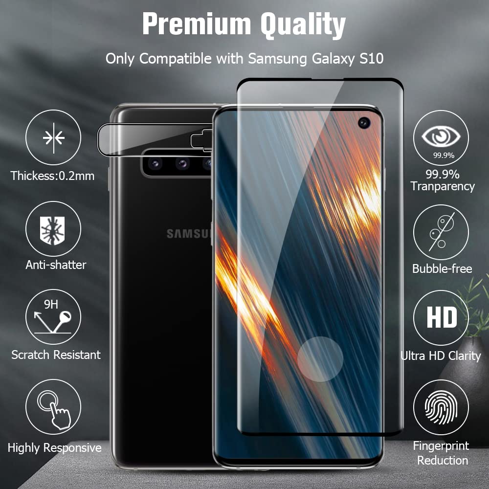 [2+2 Pack] Galaxy S10 Screen Protector, 9H Tempered Glass Scratch Resistant, Ultrasonic Fingerprint Support, 3D HD Curved,for Samsung Galaxy S10 6.1 Inch Screen Protector